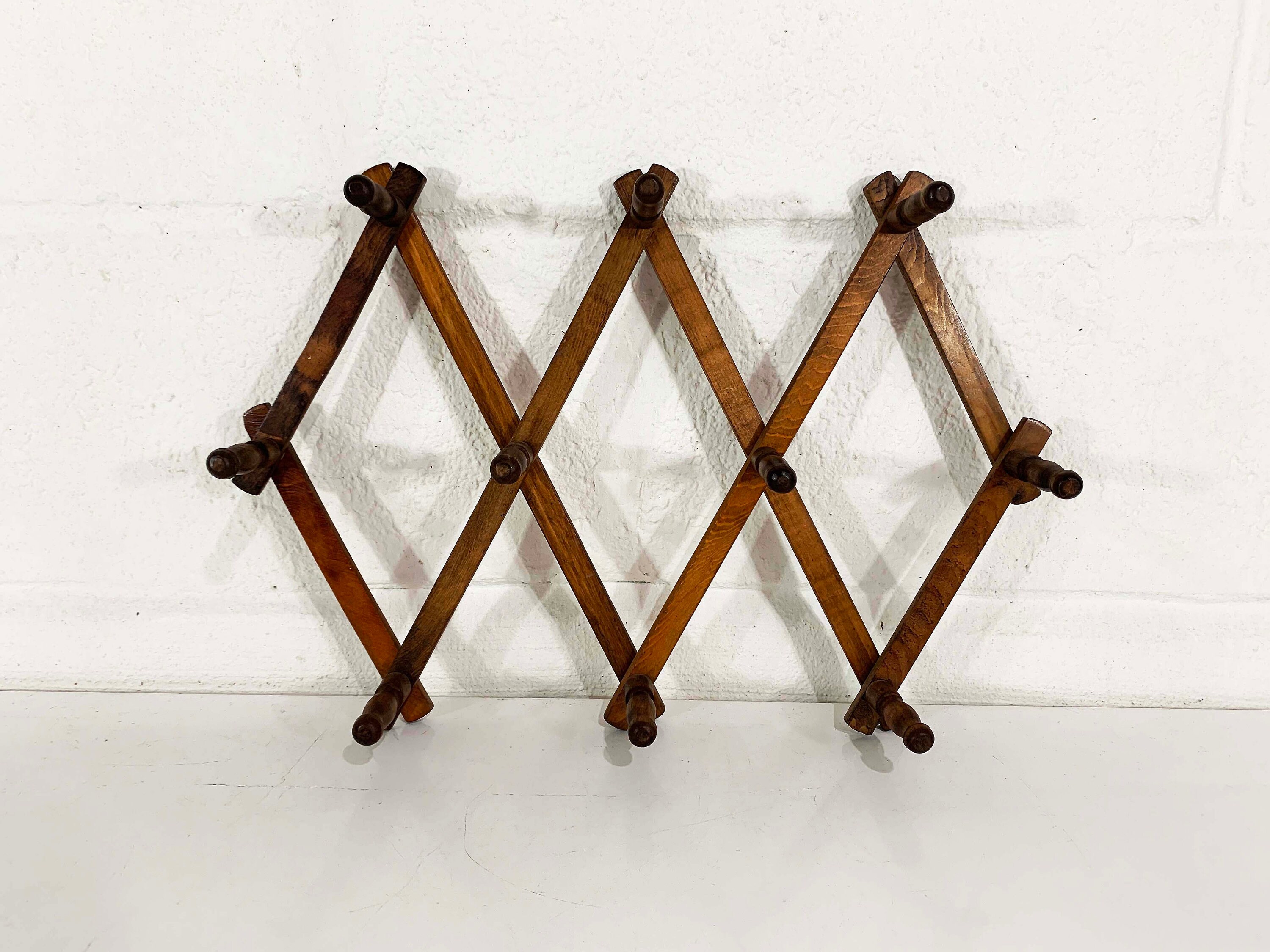 Vintage Wooden Accordion Peg Rack Expandable Accordion Brown Wall Coat ...