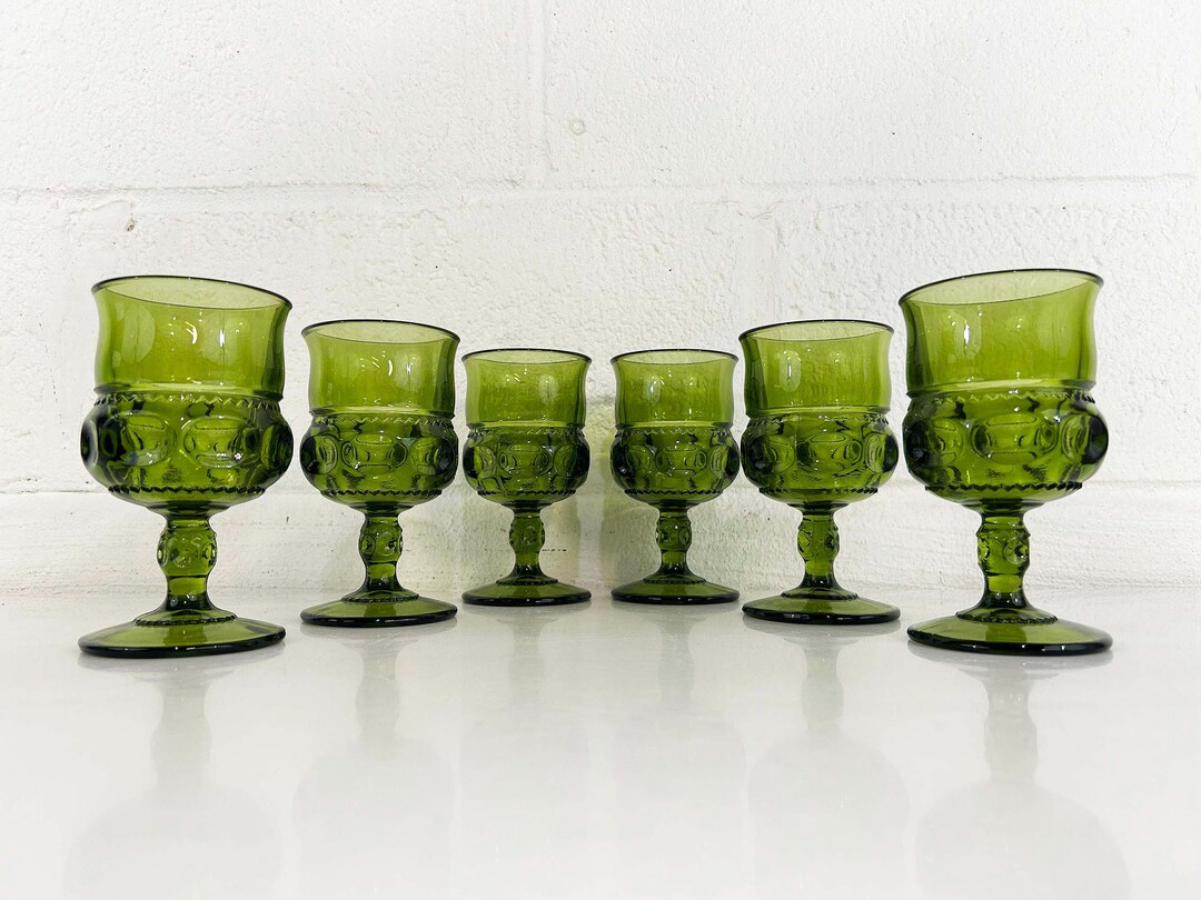 Vintage Green Kings Crown Goblets Mount Vernon Water Glasses Thumbprint ...