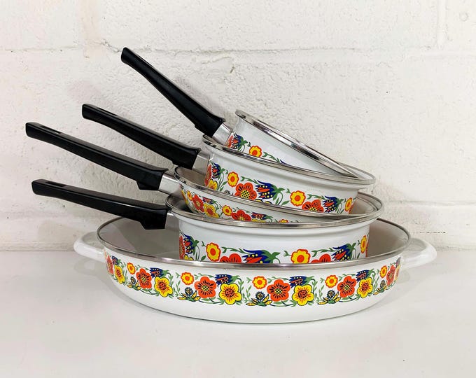Vintage Flower Power Enamel Cookware Set Casserole Servers Roast Pan ...