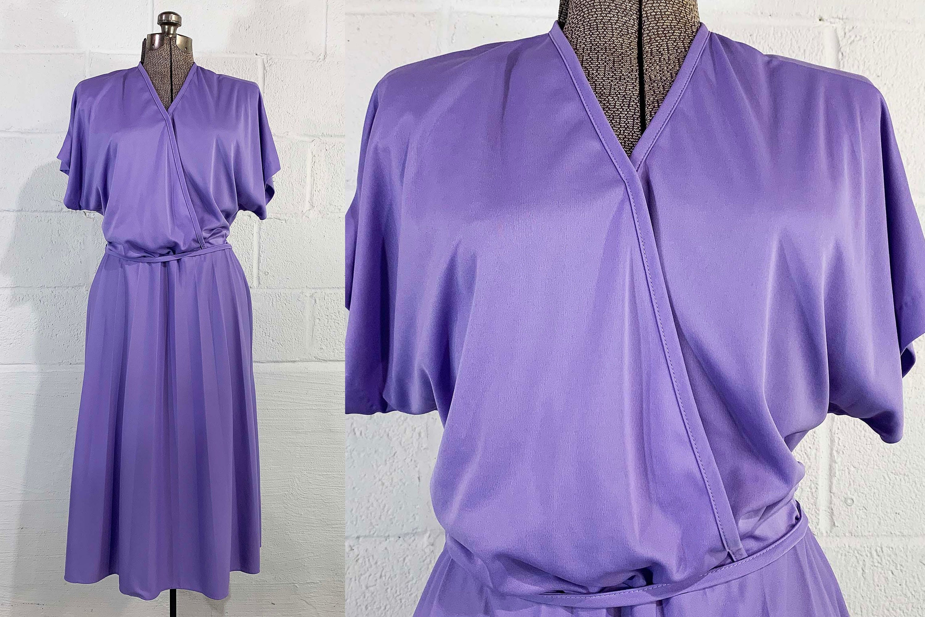Vintage Pastel Purple Dress Midi Short Sleeve Blousy Wrap Front Violet ...