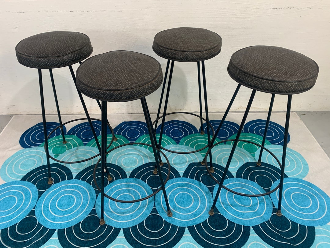 Vintage Swivel Bar Stools Set of 4 Seat Vinyl Mid-century Black Metal ...