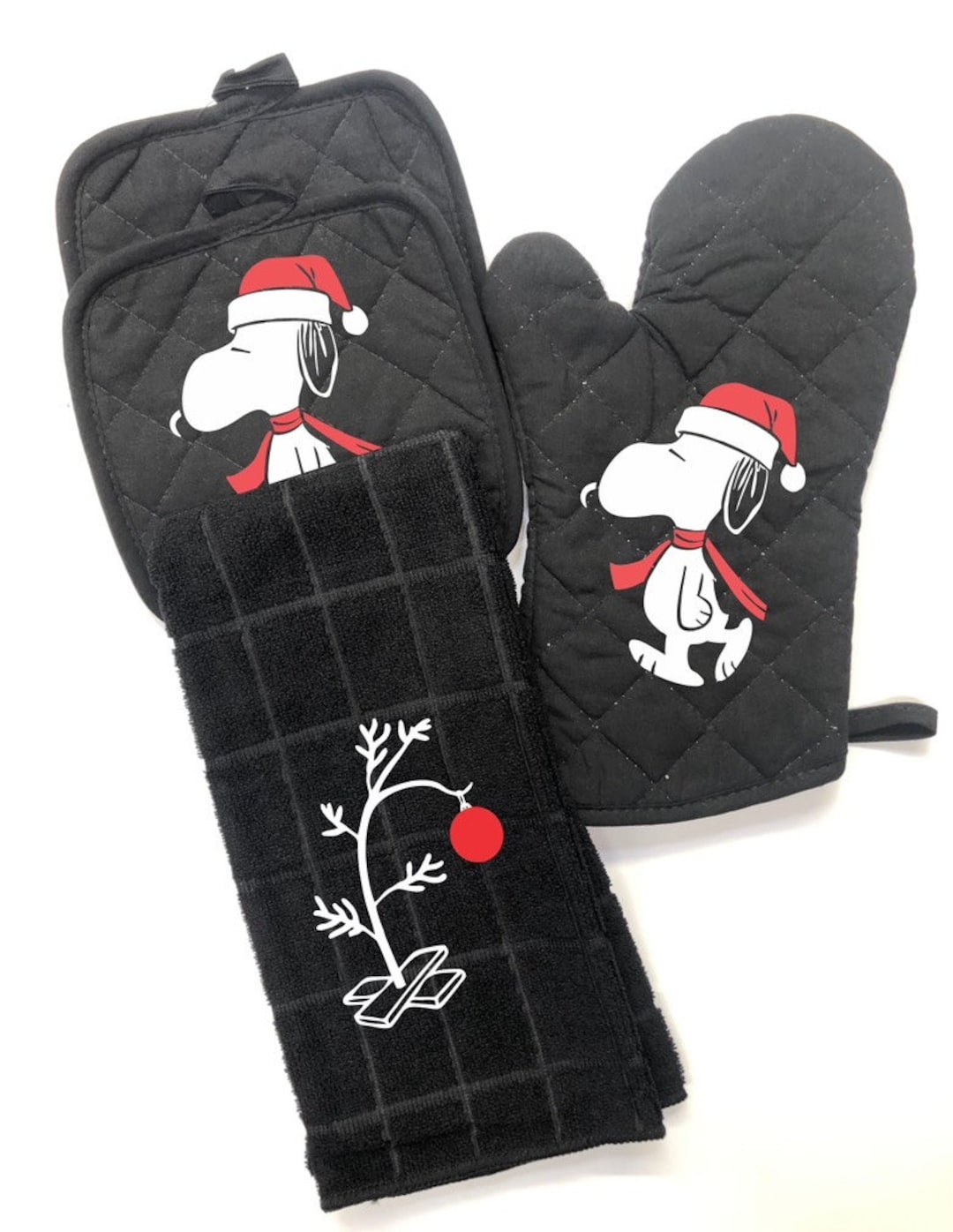 Snoopy Christmas Kitchen Oven Mitts, Pot Holder, and Towel Set Black - Etsy