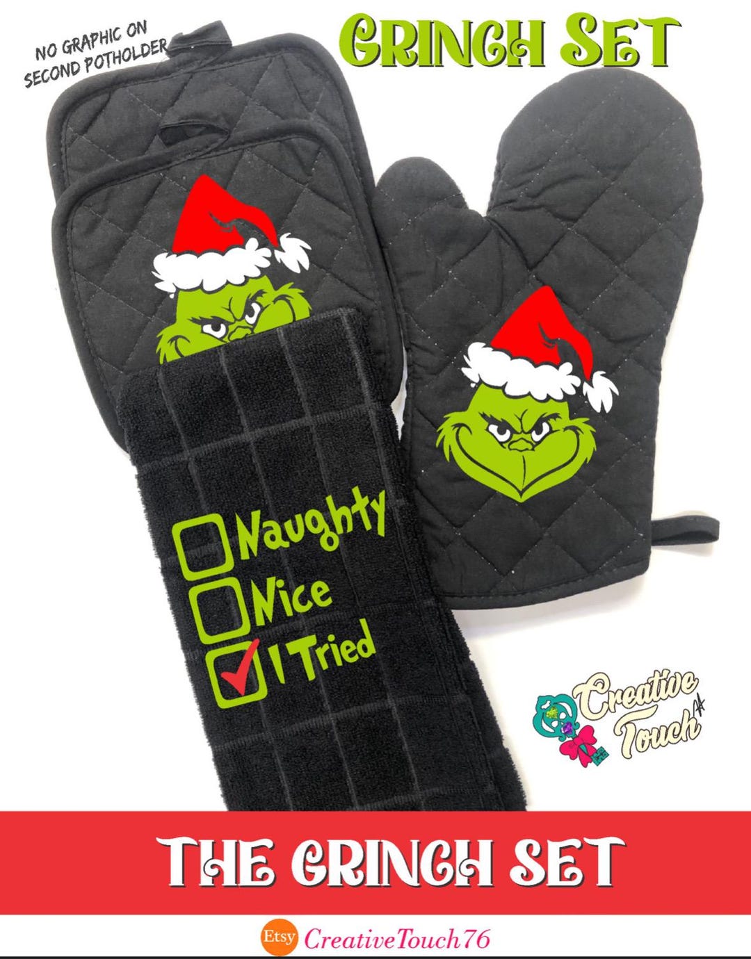 Grinch Set Kitchen Oven Mitts, Pot Holder, and Towel Set Black - Etsy