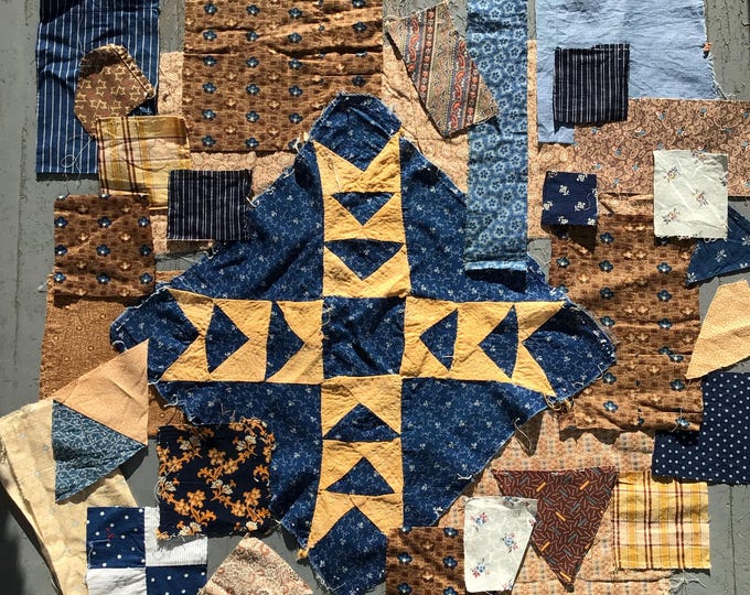 Antique Fabric Pieces and Patchwork, Golden Browns, Cheddar and Indigo Blue, 1870-1890 - Etsy
