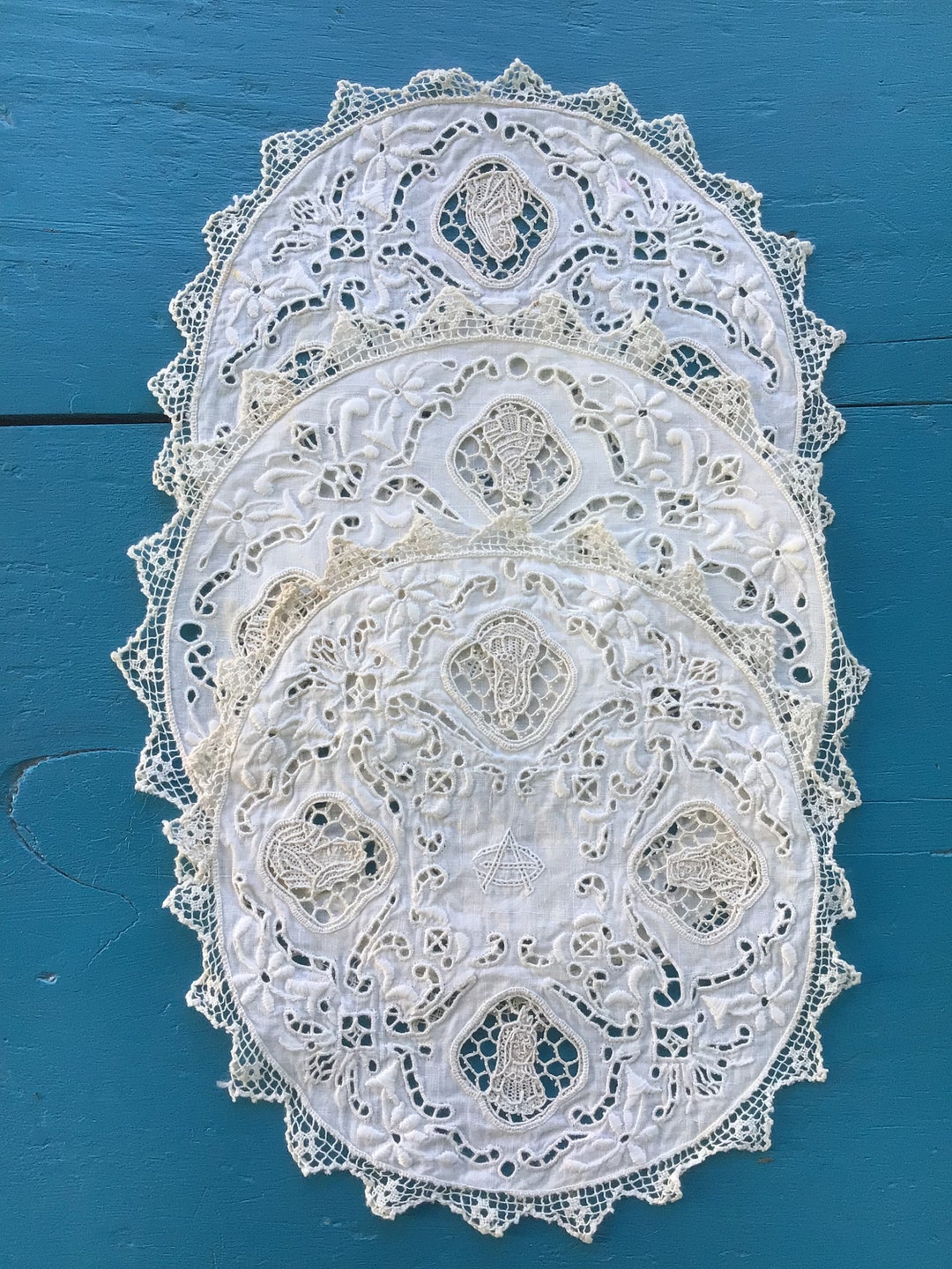 Set of Three Figural Antique Doilies With Embroidery and Needle Lace ...