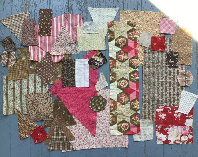 Antique Fabric Pieces, With Calico and Cheater Prints, Floral in Tan ...