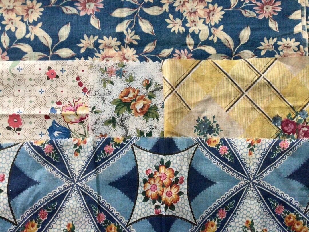 Antique Fabric Pieces 1920s Florals With Blues - Etsy