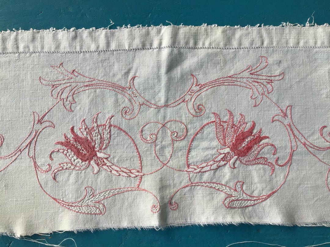 Antique Embroidered Scroll Border, Linen on Linen, Late 1800s - Etsy