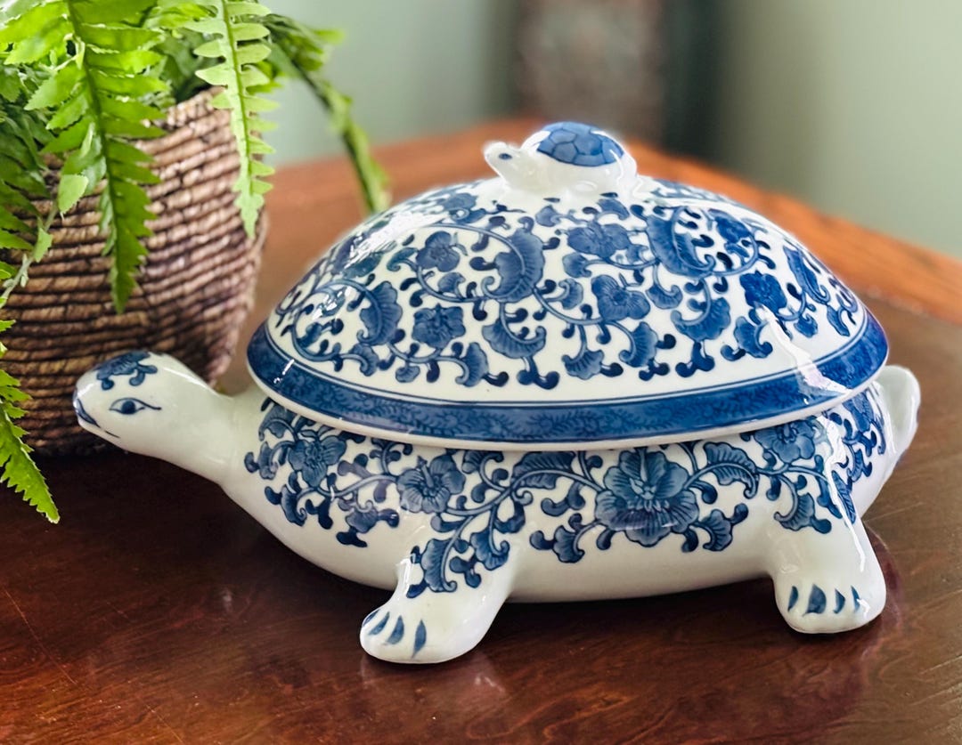 Bombay Co Chinoiserie Turtle, Hand Painted Blue & White Floral ...