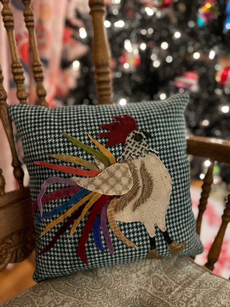 Handmade Wool Applique Rainbow Rooster Pillow - Etsy