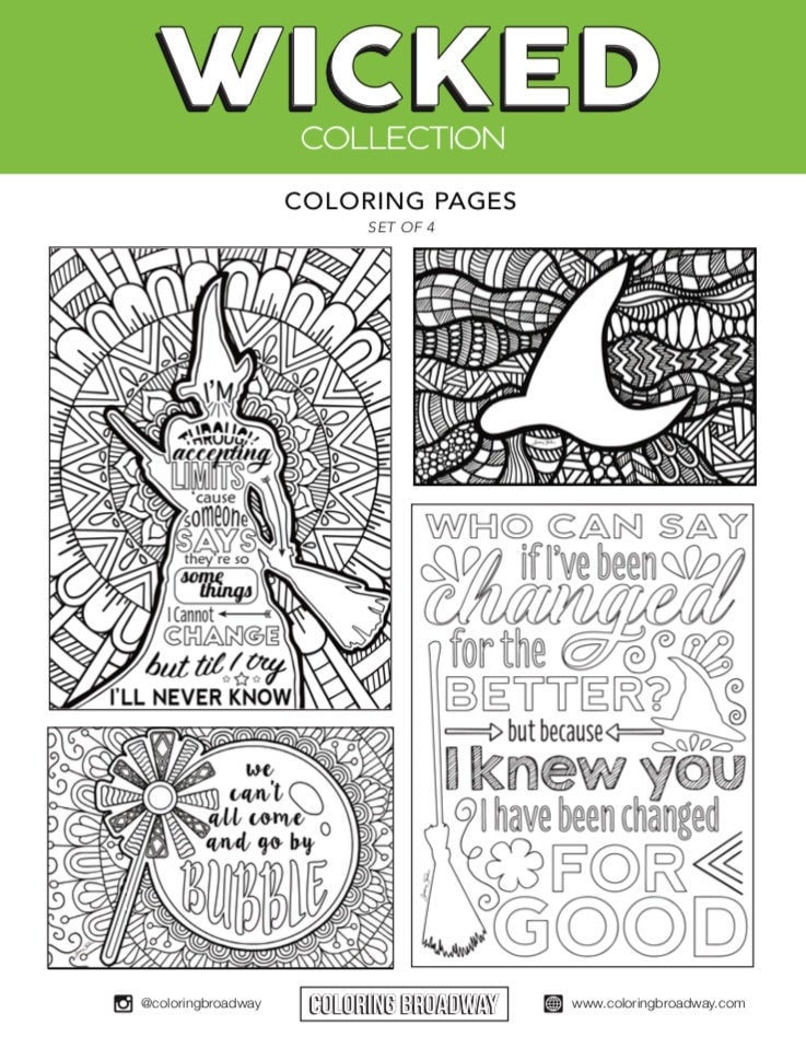 Wicked Coloring Set of 4 Broadway Coloring Card Musical | Etsy