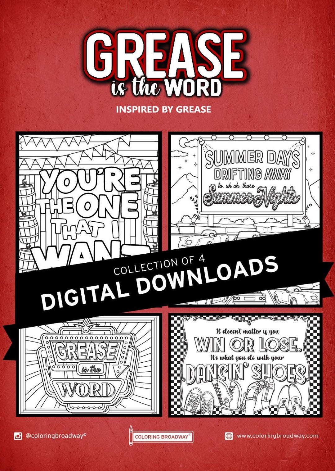 Printable GREASE Coloring Pages | Set of 4 Digital Downloads | GREASE ...