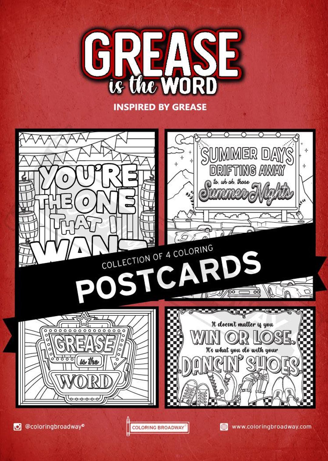 Grease Fan Coloring Postcards | Set of 4 | Grease is the Word | You're ...
