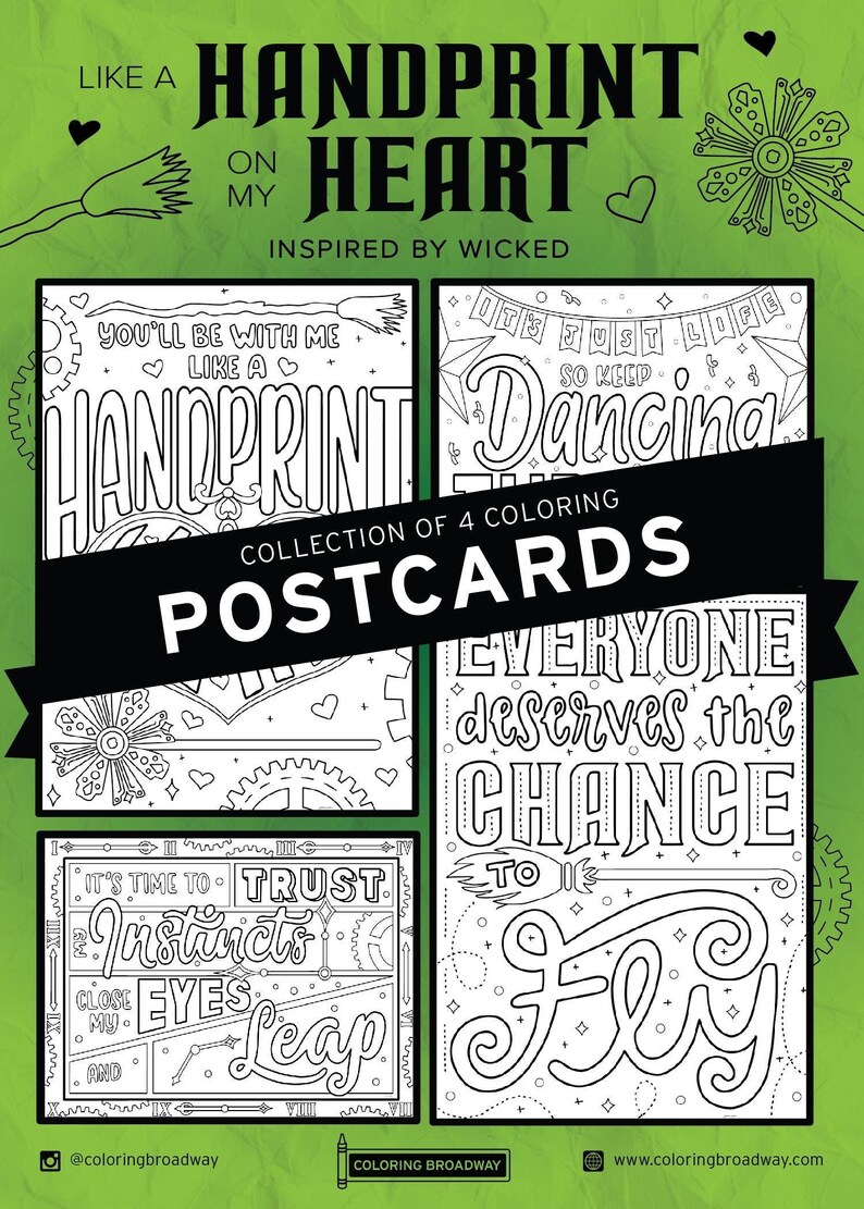 WICKED Fan Coloring Postcards | Set of 4 | Handprint on My Heart ...