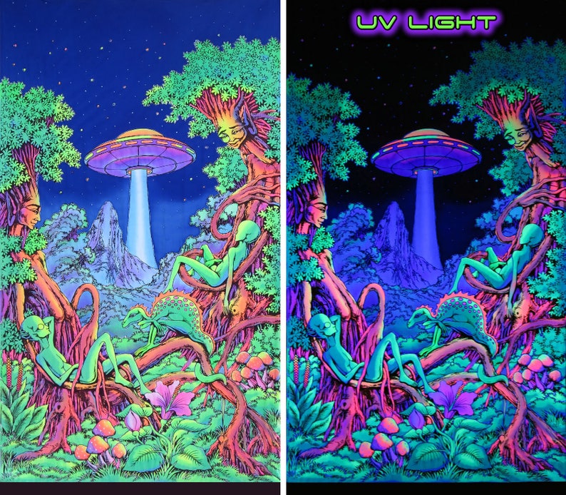 Trippy Wall Art 'UFO Jungle' Psychedelic Tapestry, Trippy Wall Hanging ...