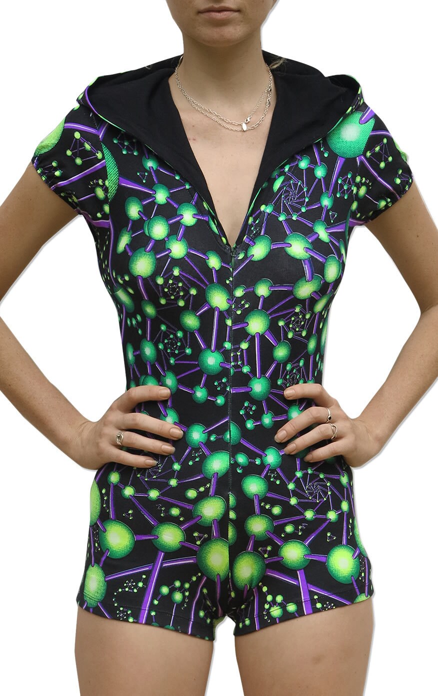 UV Active Psychedelic Hooded Bodysuit, 'atomic Alien' Print Rave ...