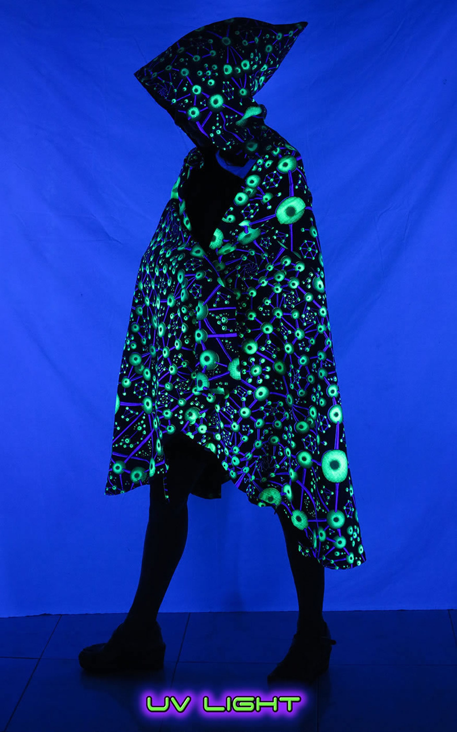 Hooded Cape: "atomic Alien". Psychedelic Poncho. UV Reactive Cloak With ...
