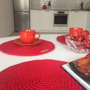 Set of 4 Crochet Placemats, Red Round Table Mats, Set of 6, Round ...