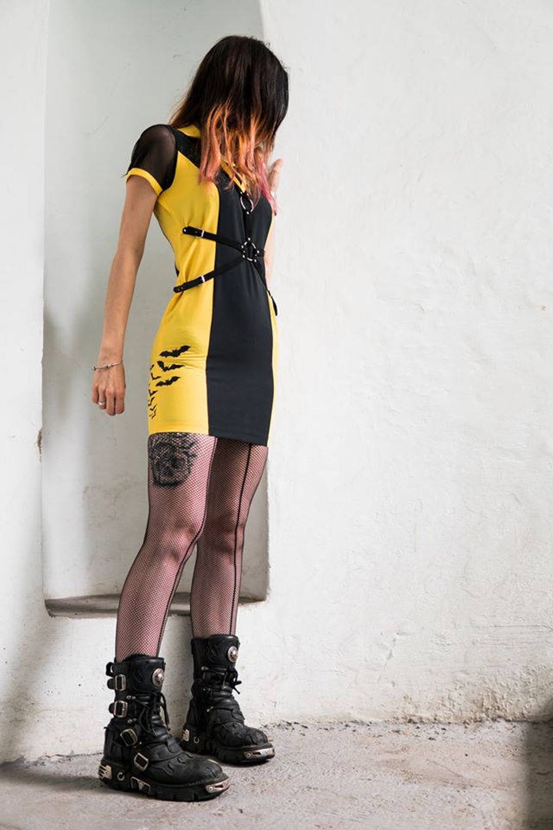 Handmade Goth-industrial Yellow/black Dress With Leather Straps With ...