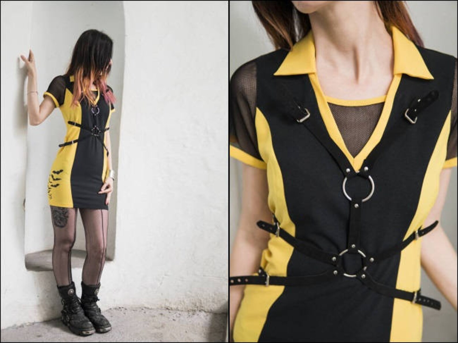 Handmade Goth-industrial Yellow/black Dress With Leather - Etsy