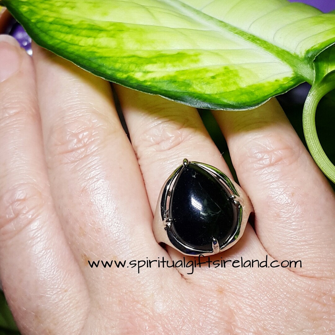 Black Agate Ring - Black Stone Rings Silver Adjustable Teardrop Crystal ...