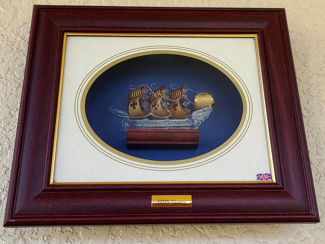 Solid Wood Frame Hand Blown Glass Ship HMS Victory Shadow Box Galleon ...