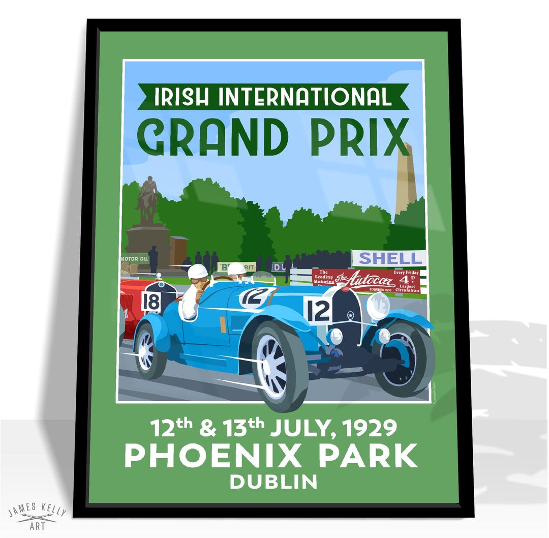 Irish Grand Prix Retro Poster Featuring a Vintage Bugatti Racing Car at ...