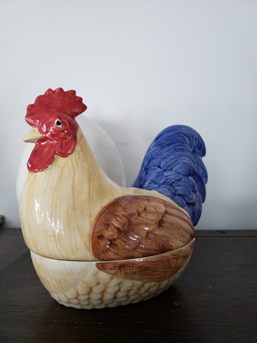 Roaster Box, Ceramic Rooster, Container, Vintage, Blue, Red and Yellow ...