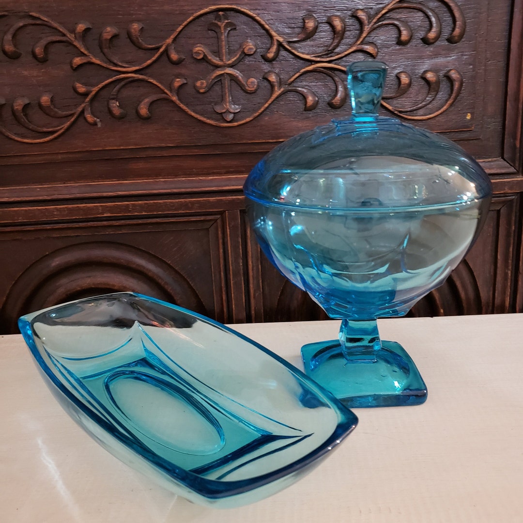 Capri Colonial by Hazel Atlas Turquoise Blue Candy Jar and Plate, Set ...