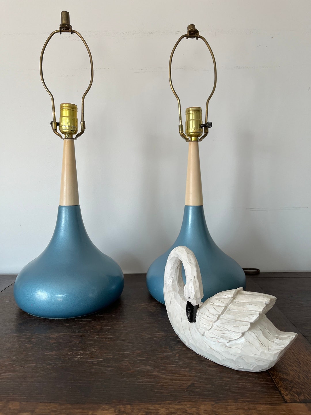 2 Leviton Blue Ceramic Lamps, Teardrop Shaped Lamp, Vintage Blue Lamp ...
