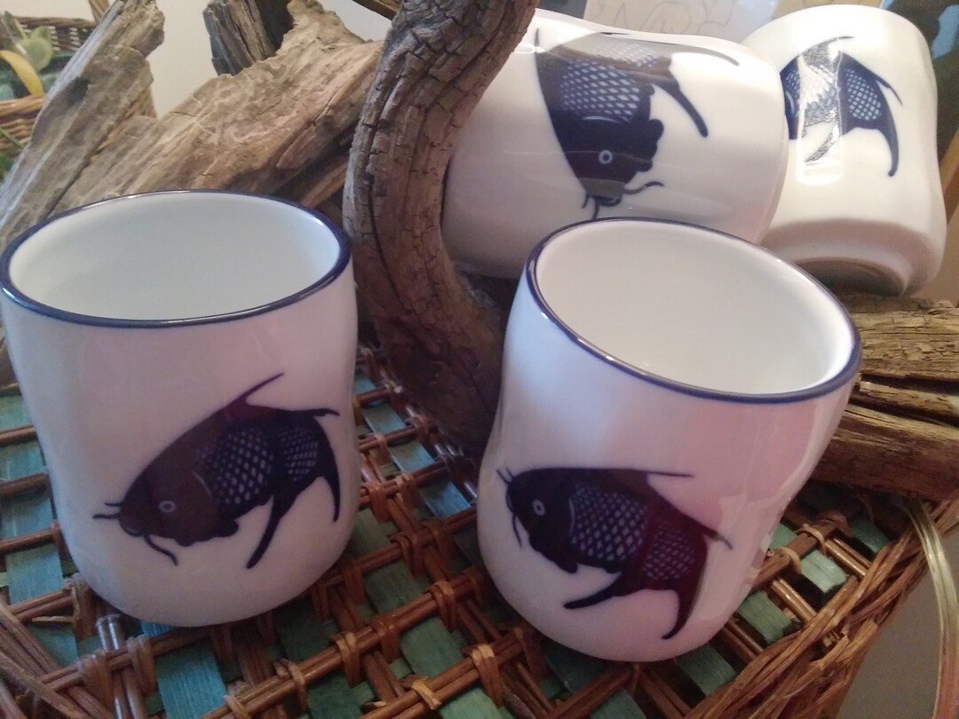 Koi Blue Fish Mug, Set of 4, Asian Blue Fish, 4 Mugs - Etsy