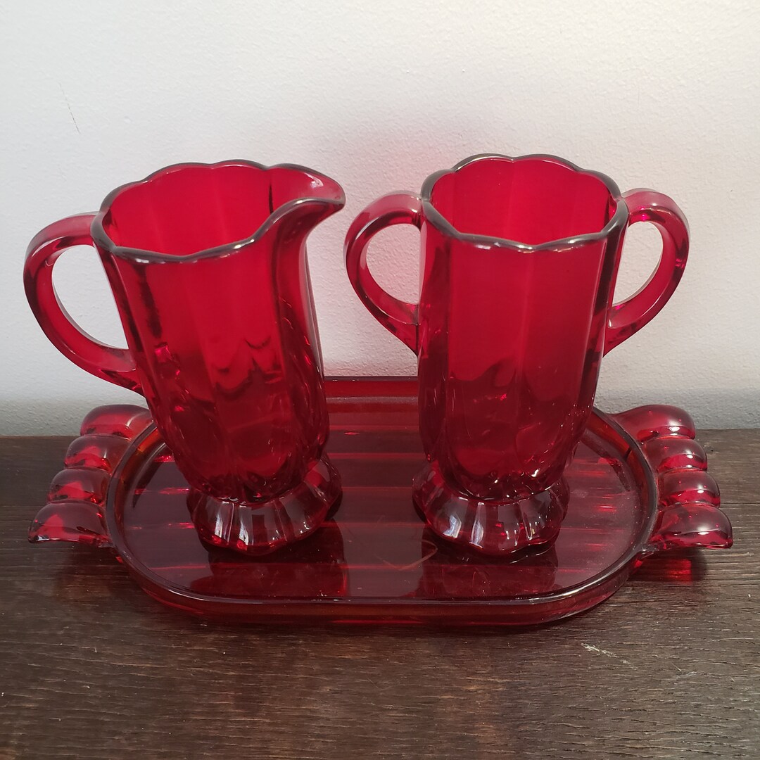Red Indiana Glass Set of Sugar Pot and Milk Pitcher Tray - Etsy