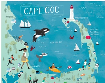 Cape Cod Illustrated Map Cape Cod Map Illustration Cape Cod Wall Art ...