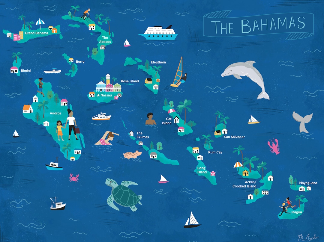 Bahamas Islands Illustrated Map - Etsy
