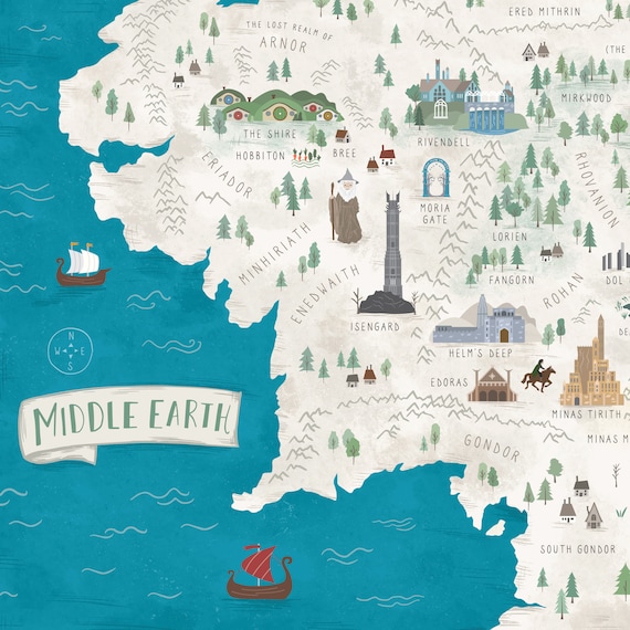 LOTR Middle Earth Illustrated Map | Etsy