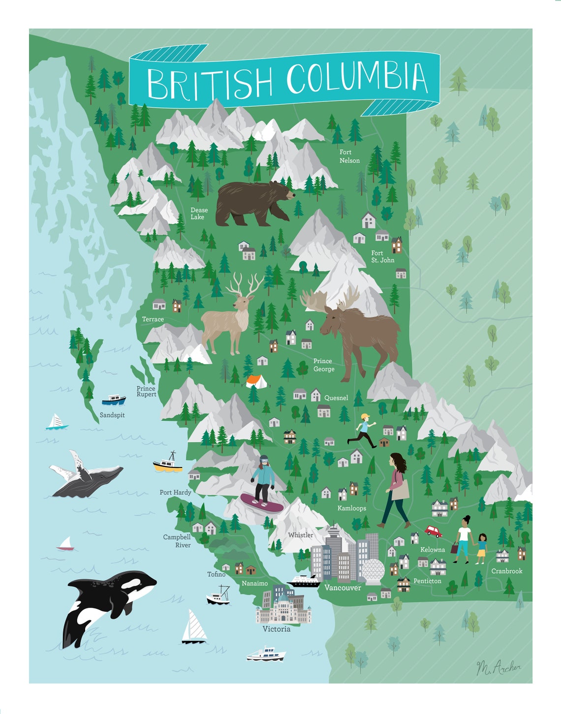 British Columbia Illustrated Map - Etsy Canada