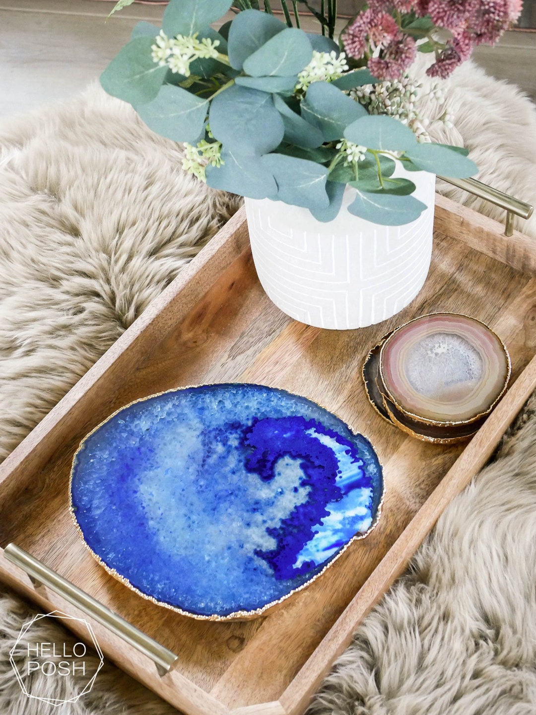 BG02 Blue Agate Platter With GOLD Rim. Large Gemstone Trivet. Blue ...