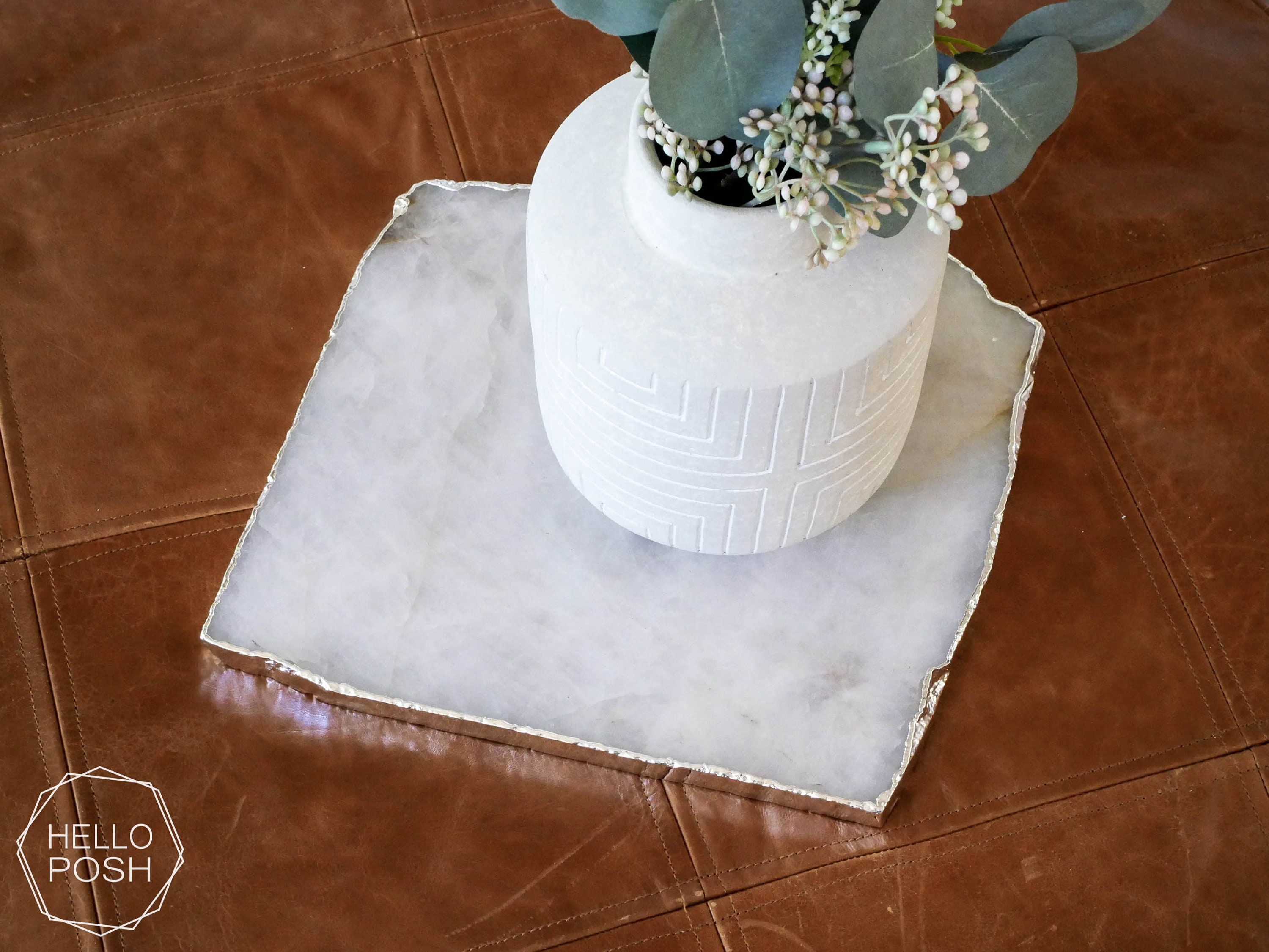 White Quartz Platter With Silver Rim: Large Gemstone Trivet - Etsy