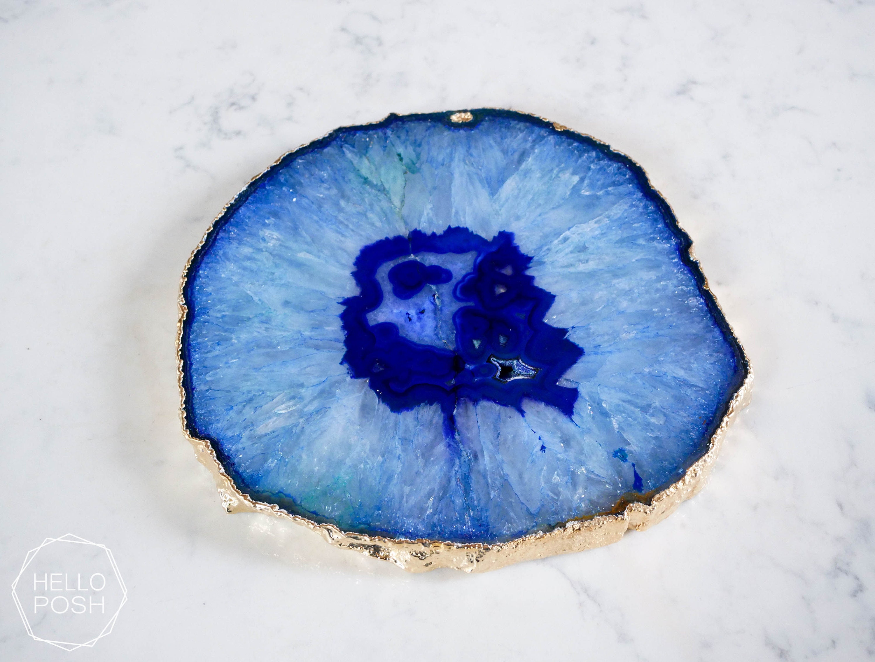 BG06 Blue Agate Platter With GOLD Rim. Large Gemstone Trivet. | Etsy