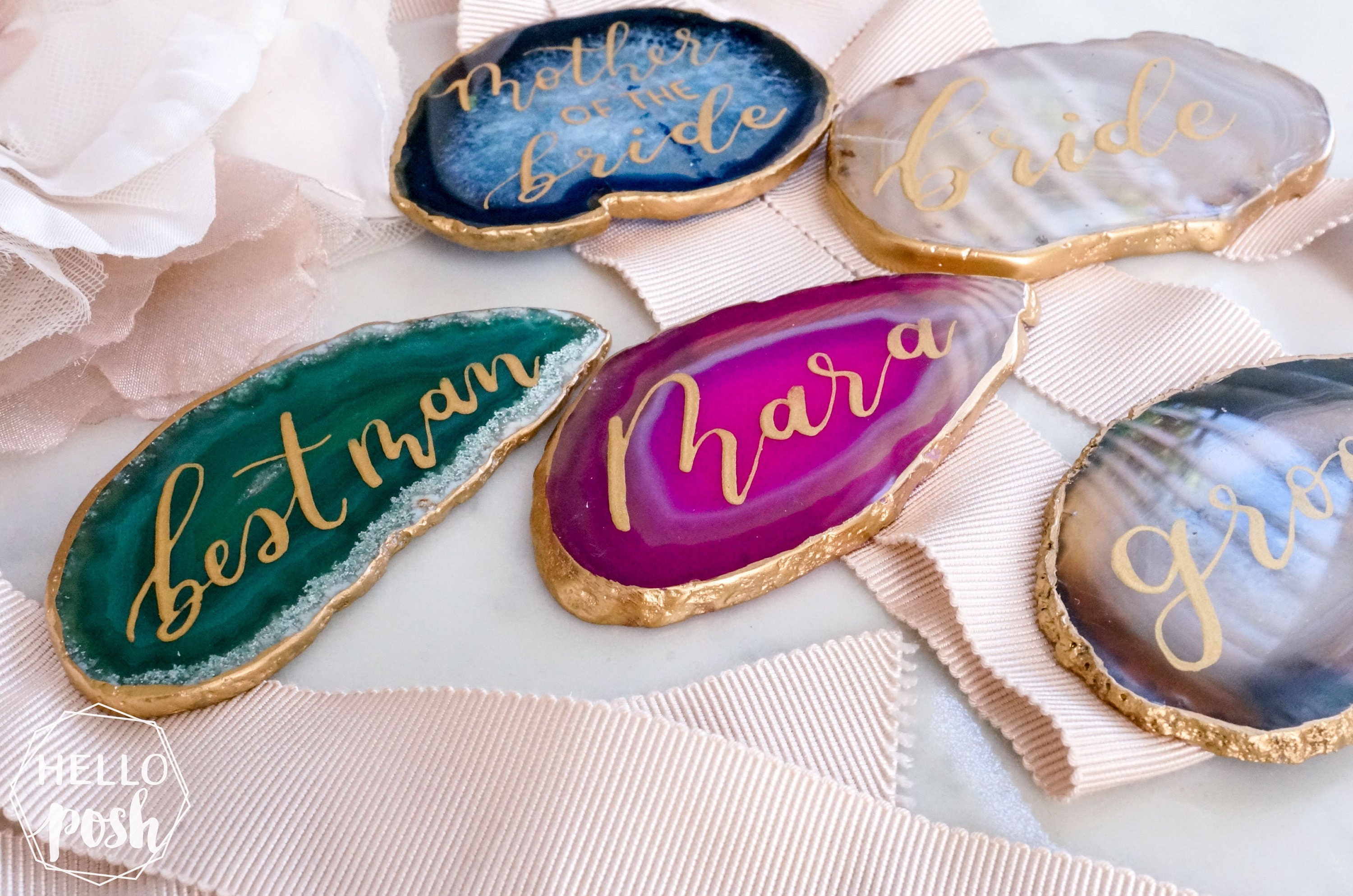 Gold Gilded Agate Place Cards. Gold Rim Agate Wedding Decor. Name Tags ...