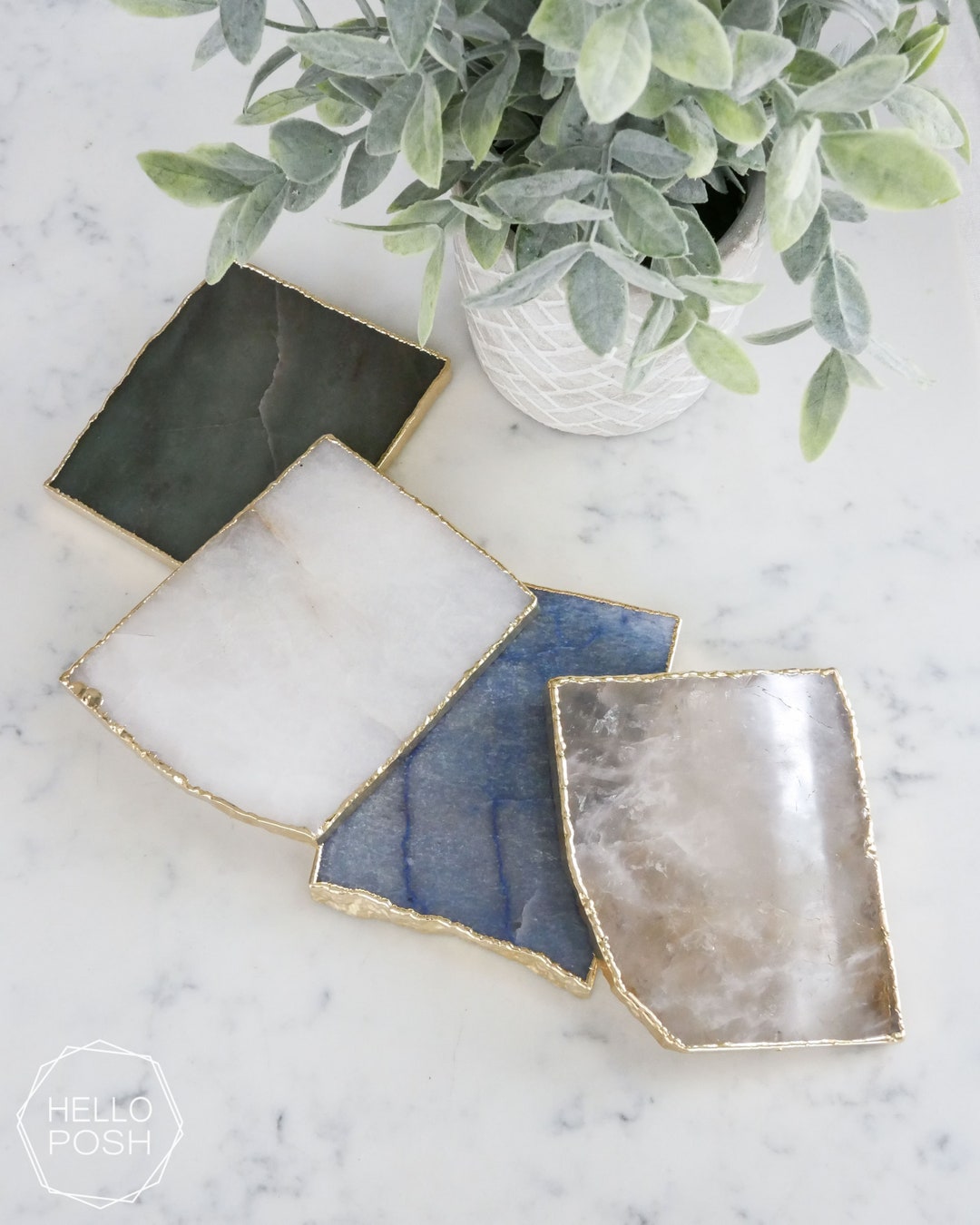 SALE. Mix Quartz Coasters. GOLD Plated. White Quartz, Green Quartz ...