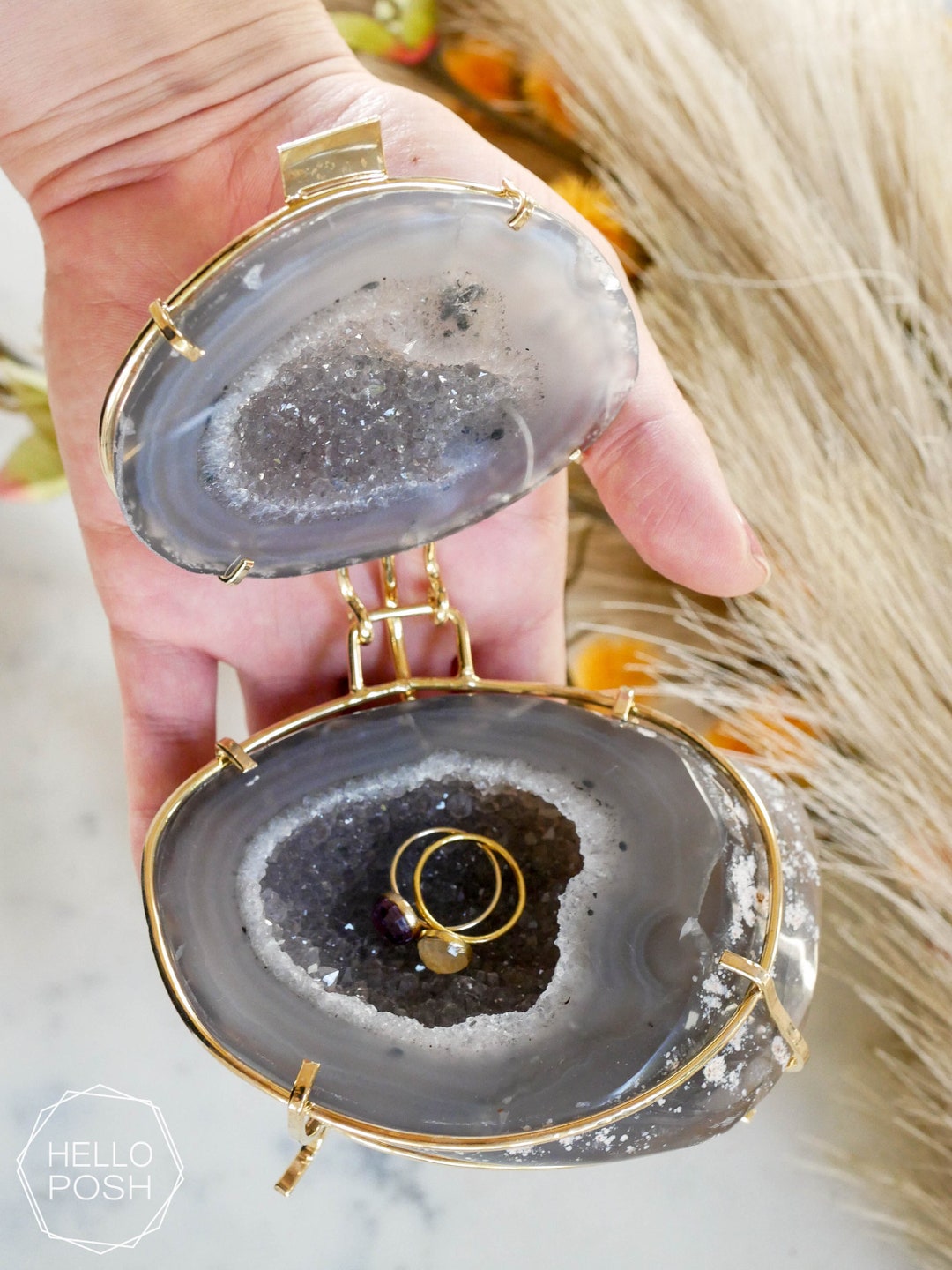 XL Gray Geode Ring Box. Gray Geode Jewelry Box With Gold Stand. Crystal ...