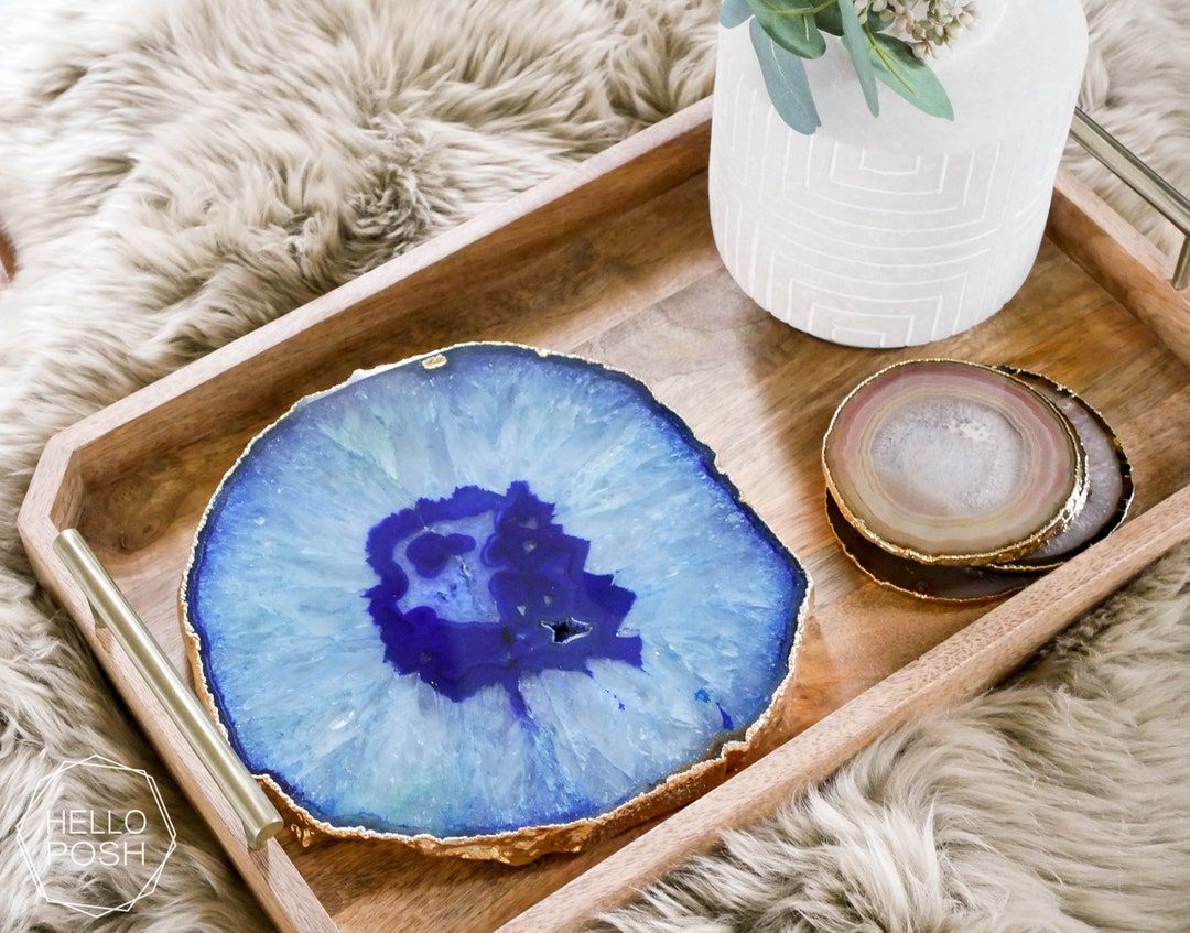 BG06 Blue Agate Platter With GOLD Rim. Large Gemstone Trivet. Blue ...