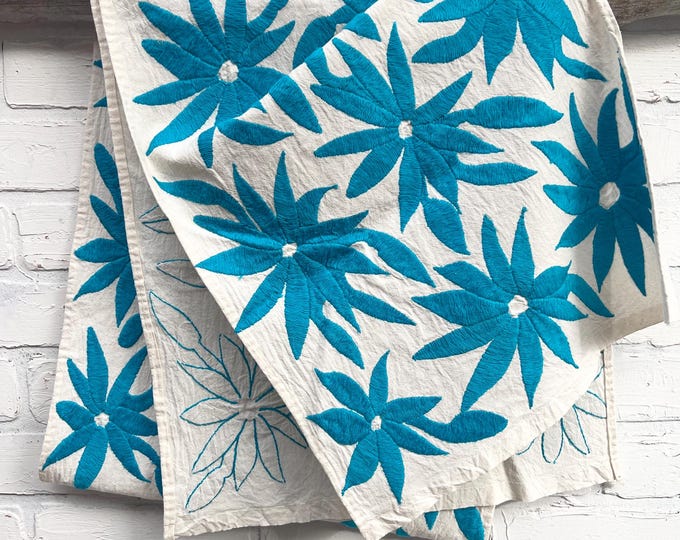 Mexican Otomi Table Runner- Hand Embroidery Flowers- Bright Blue ...