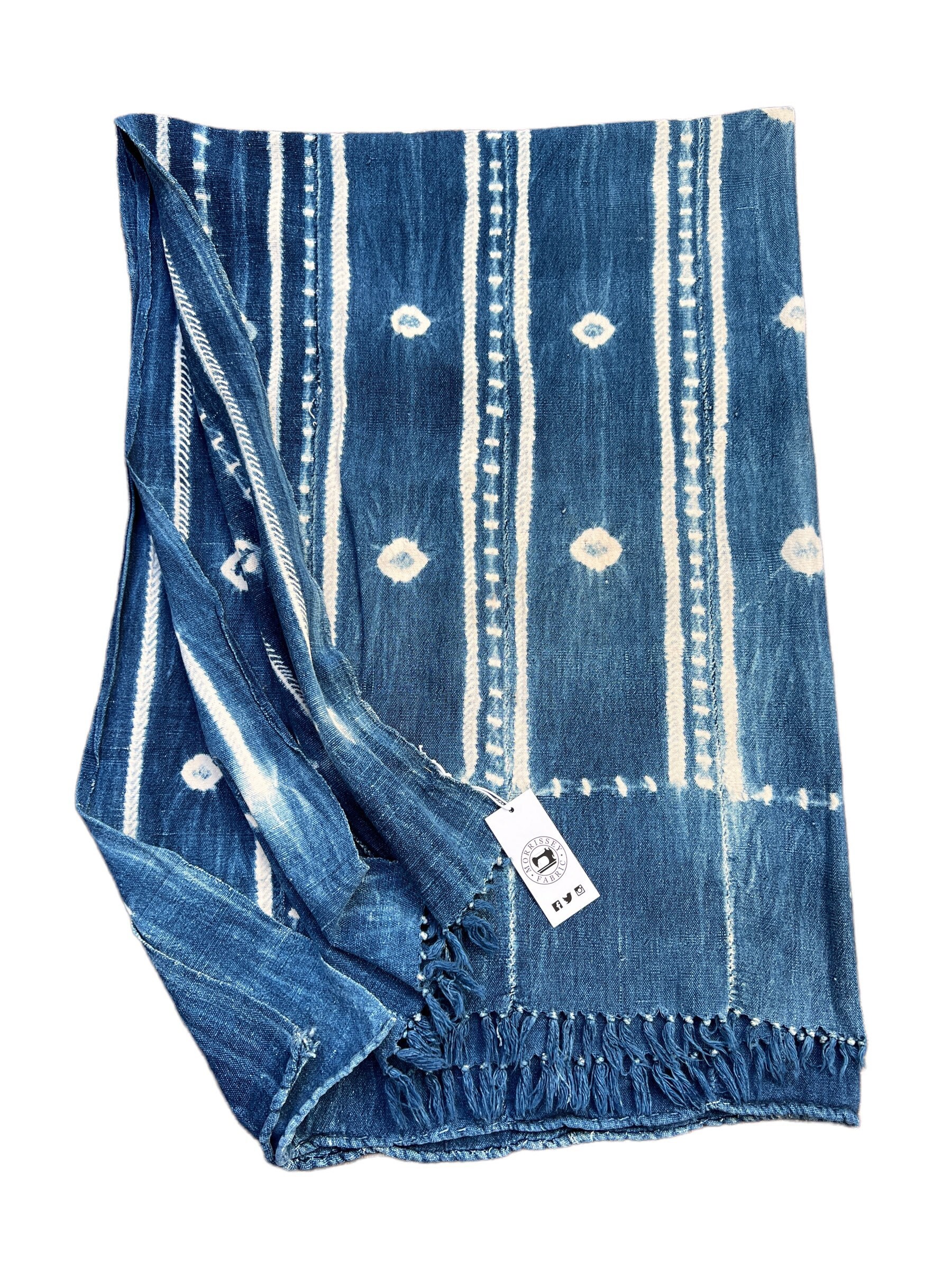 Vintage Mud Cloth fabric with fringe, Denim blue tie dye throw, Shibori ...