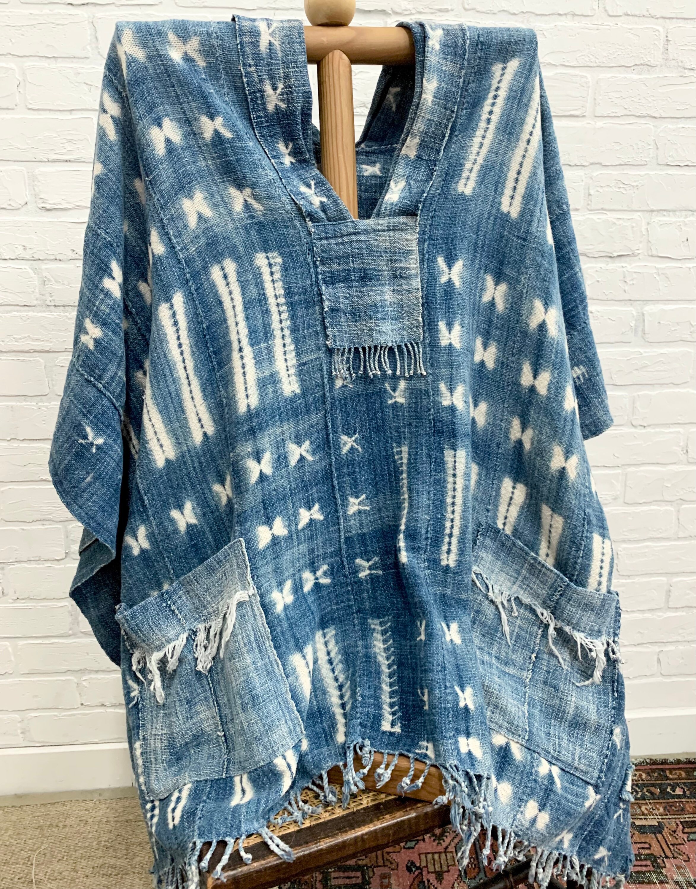 Vintage African Mud Cloth Poncho, Unisex indigo tie dyed Poncho ...