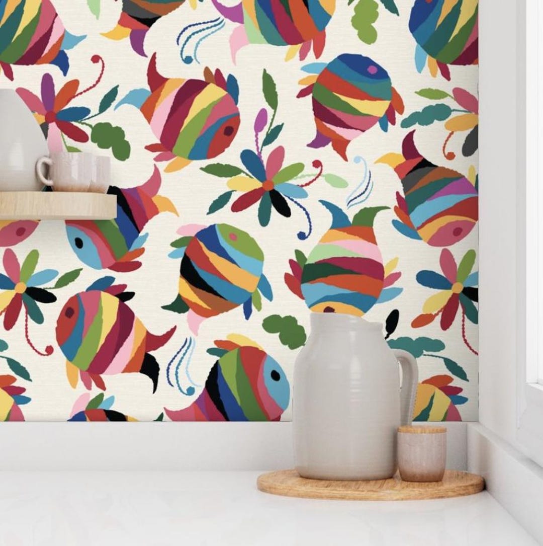Rainbow Fish Wallpaper, Otomi Wall Art, Mexican Otomi Style, Fiesta ...