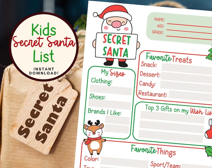 Kids Secret Santa List, Secret Santa Questionnaire for Kids, Secret ...