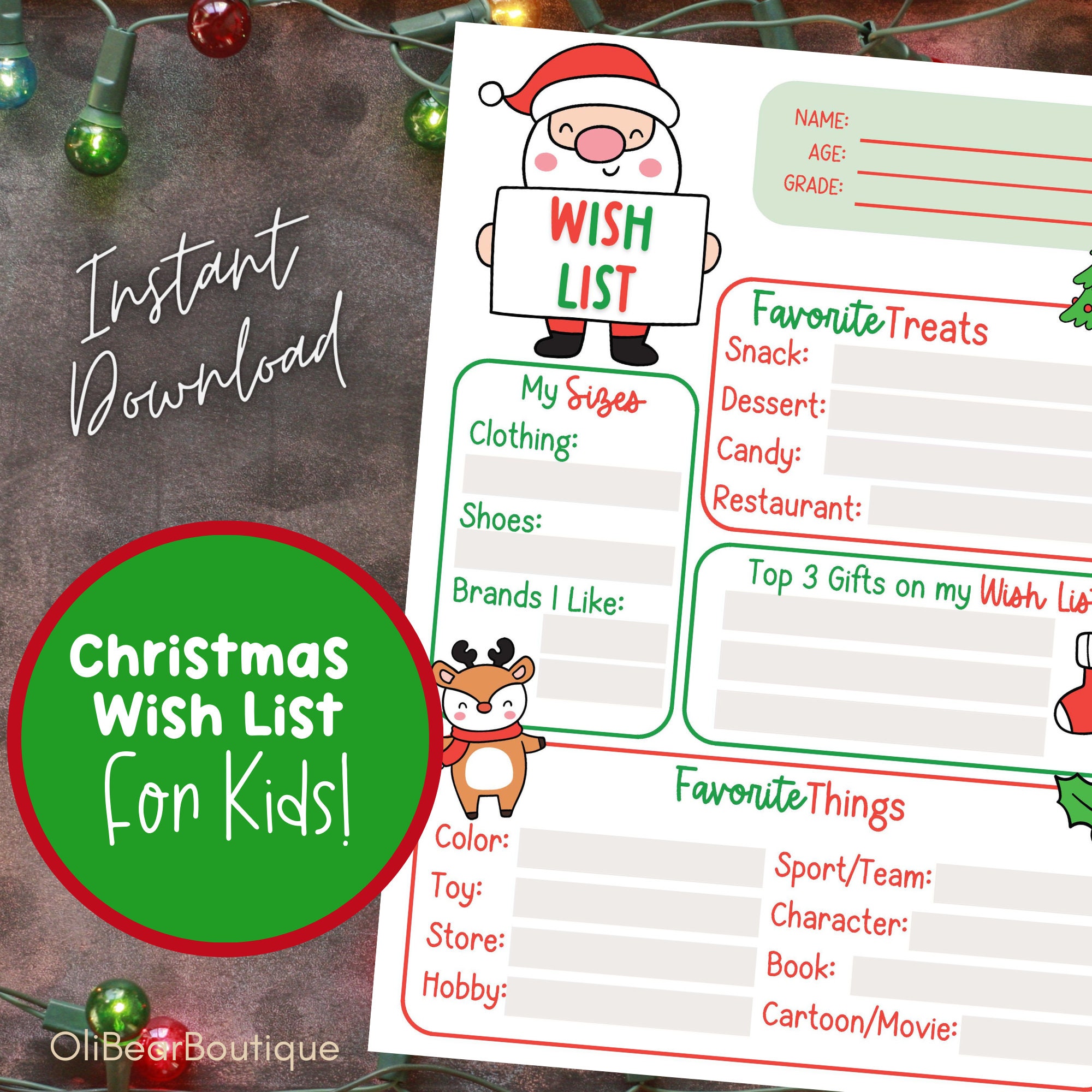 Kids Christmas Wish List Printable, Holiday Questionnaire (digital ...