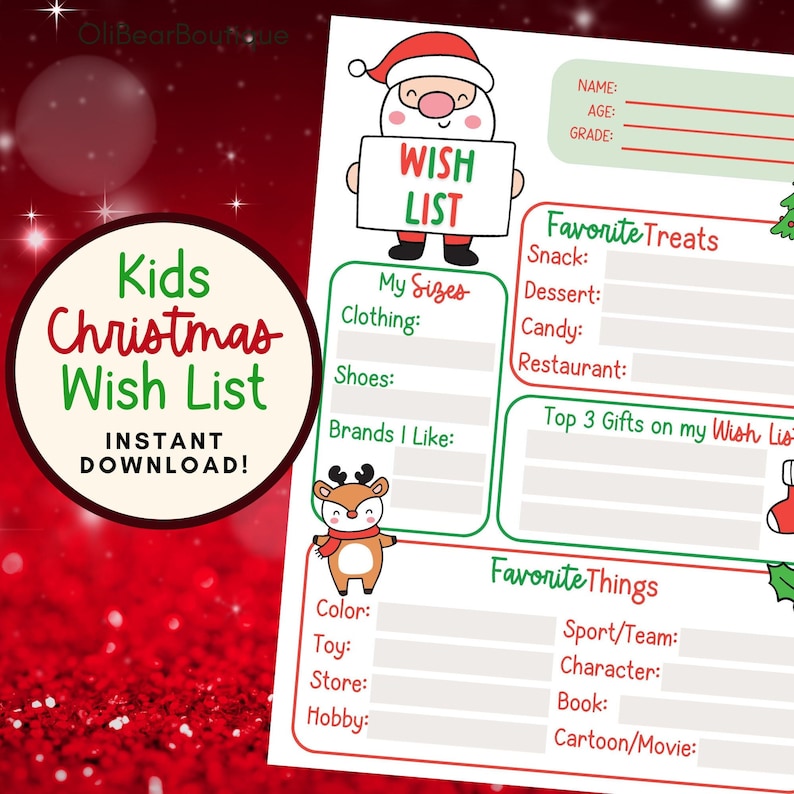 Kids Christmas Wish List Printable, Holiday Questionnaire (digital ...
